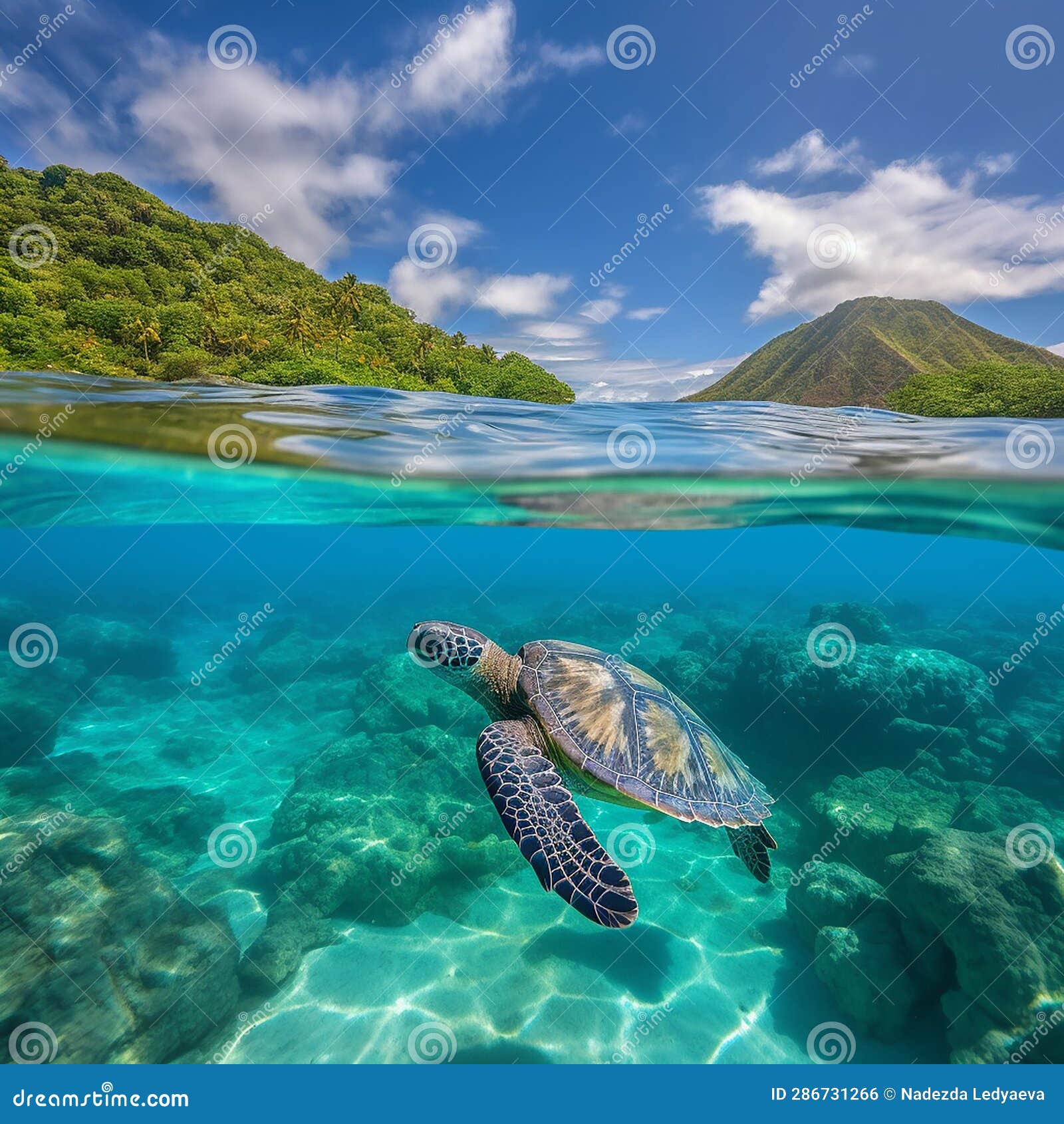 Sea Turtle in Blue Water. Friendly Sea Turtle Underwater Photo. Stock ...