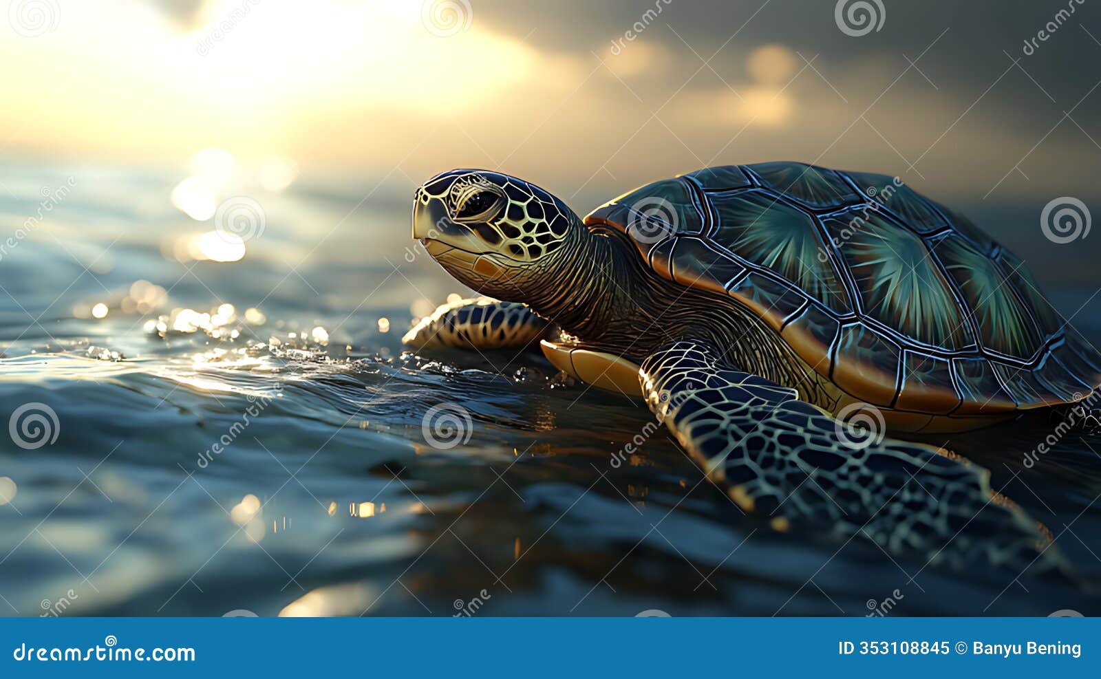 Sea Turtle Emerging from Ocean at Sunset Stock Illustration ...