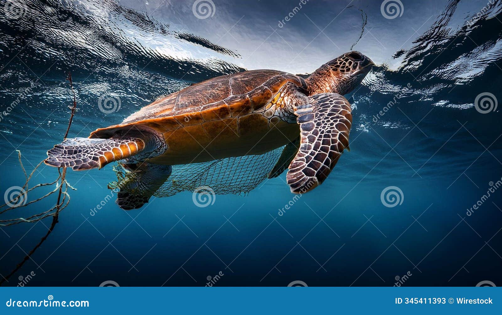 Sea Turtle Entangled in a Net Swims Underwater, Highlighting Ocean ...