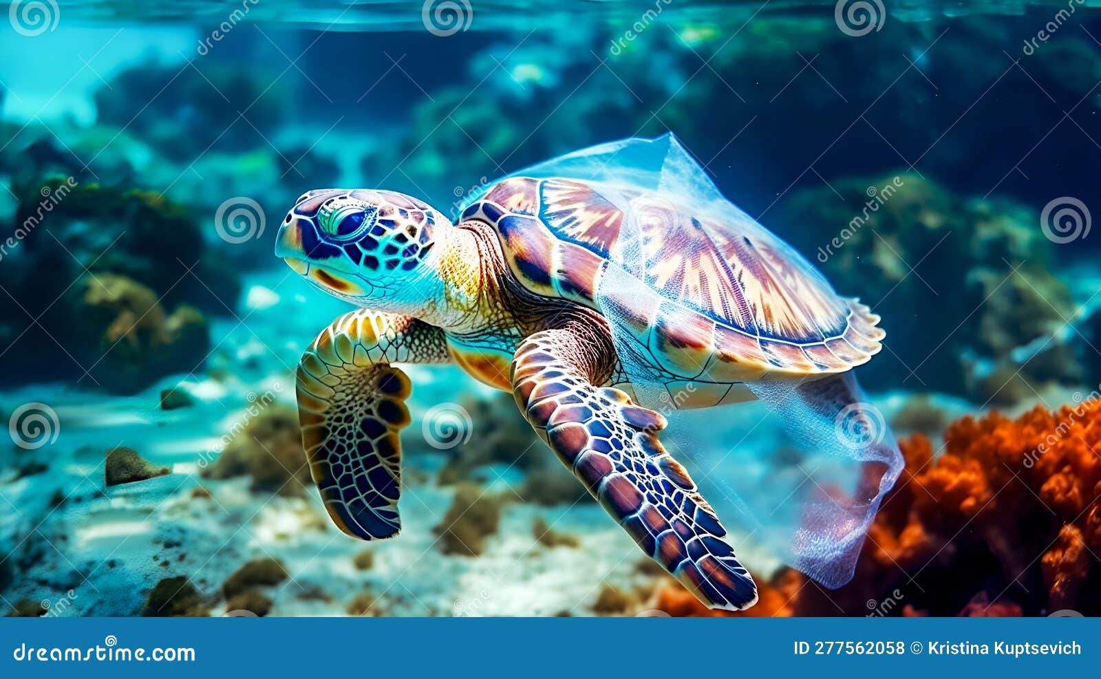 Sea Turtle Entangled of Plastic Bag Floating Up Over Coral Reef Stock ...