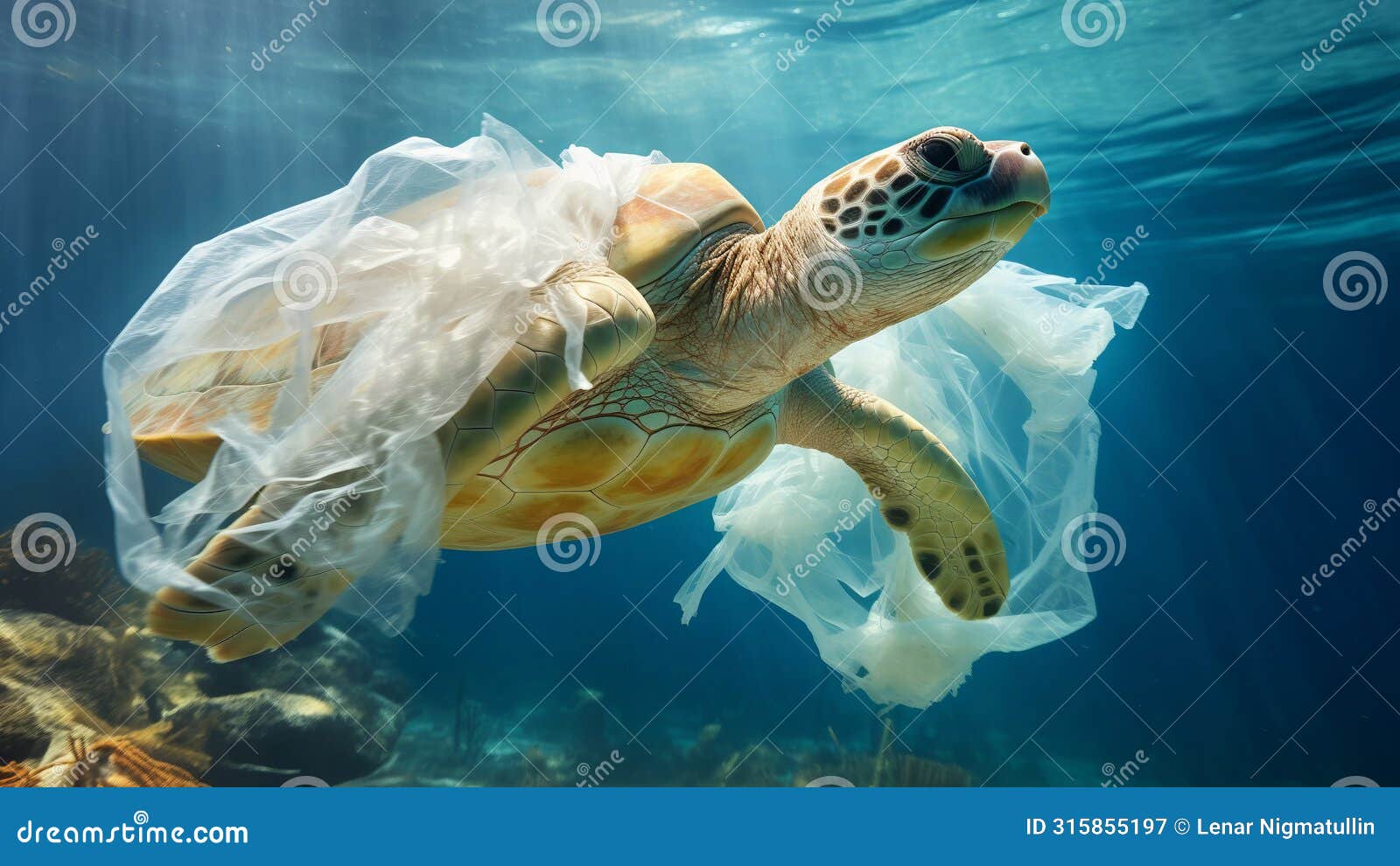 Sea Turtle Entangled in Plastic Underwater Stock Image - Image of ...