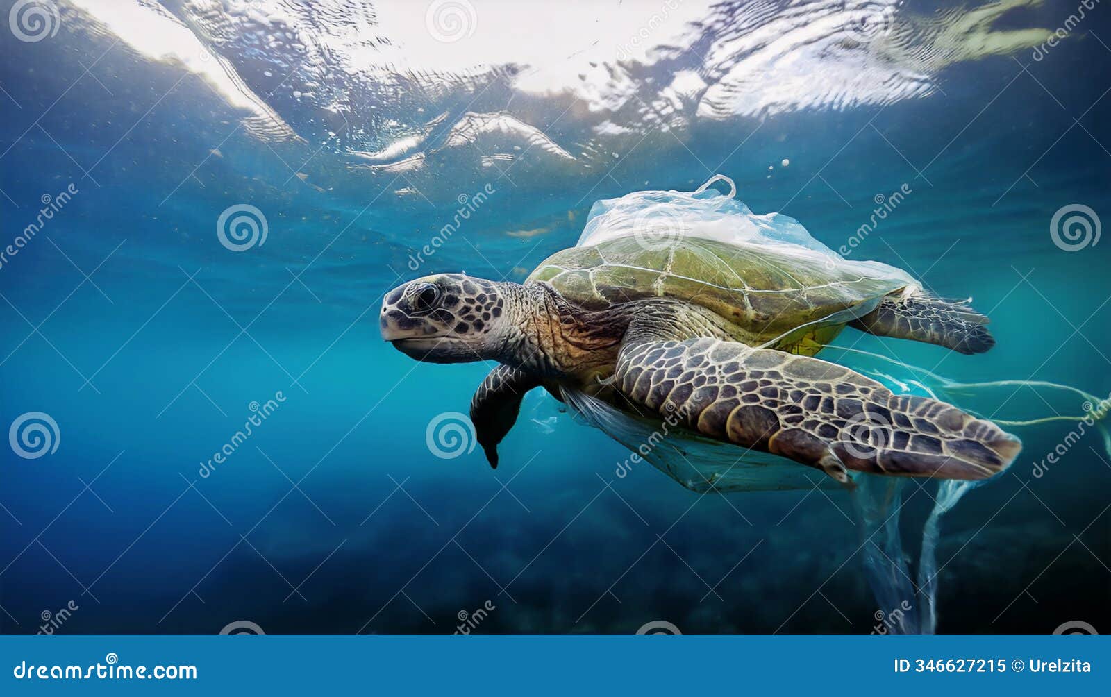 Sea Turtle Entangled In A Discarded Fishing Net. Generative AI Stock ...