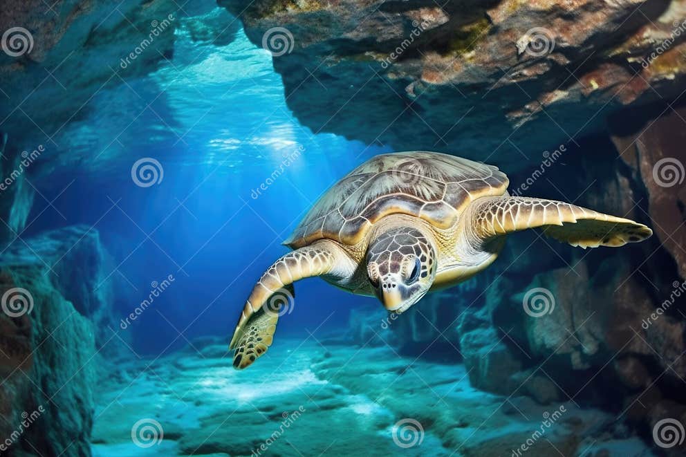 A Sea Turtle Exploring a Submerged Limestone Cavern Stock Photo - Image ...