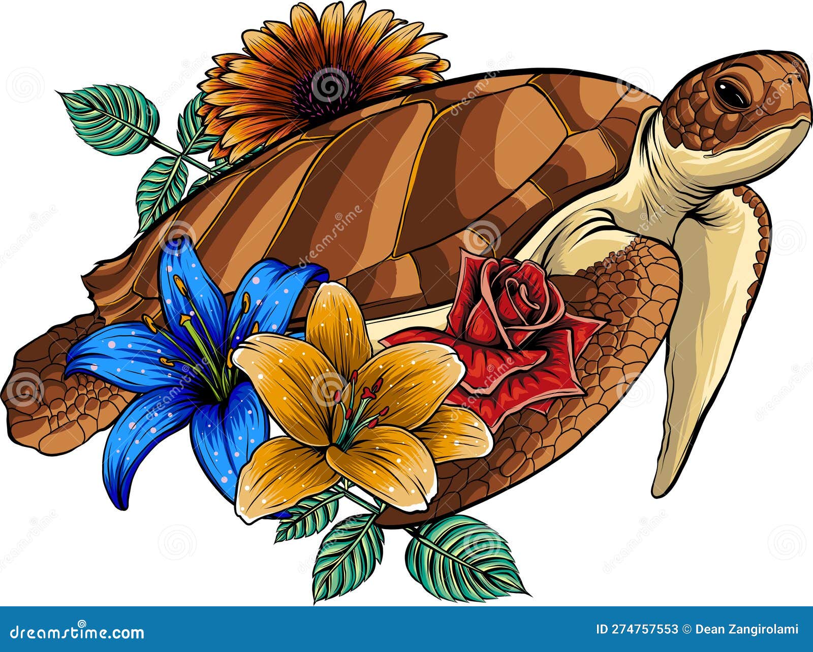 Sea Turtle with Flower Vector Illustration Stock Illustration ...