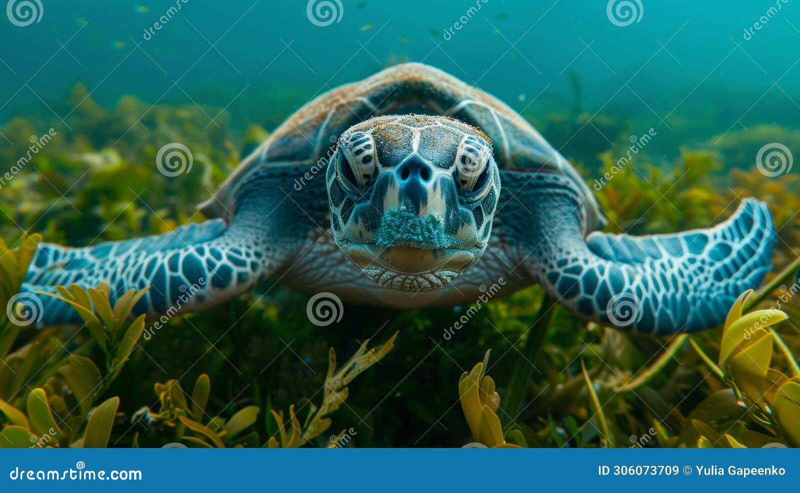 A Sea Turtle Gracefully Glides Underwater. Its Shell is Covered in ...