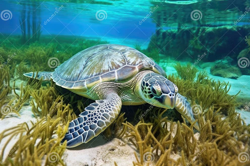 A Sea Turtle Grazing on a Bed of Seagrass Amidst Corals Stock Image ... A Sea Turtle Grazing on a Bed of Seagrass Amidst Corals Stock Image ...