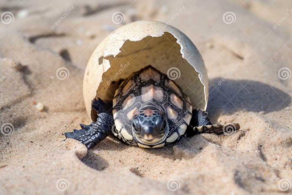 Sea Turtle Hatchling, Emerging from Its Eggshell and Taking Its First ...