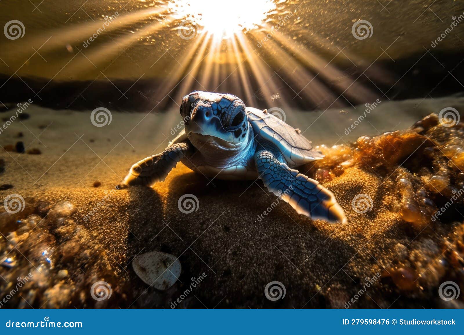 Sea Turtle Hatchling Emerging from Its Shell, Surrounded by Shining ...