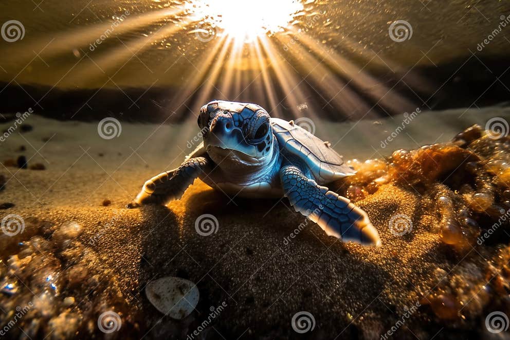 Sea Turtle Hatchling Emerging from Its Shell, Surrounded by Shining ...