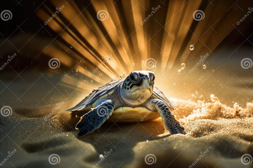 Sea Turtle Hatchling Emerging from Its Shell, Surrounded by Shining ...