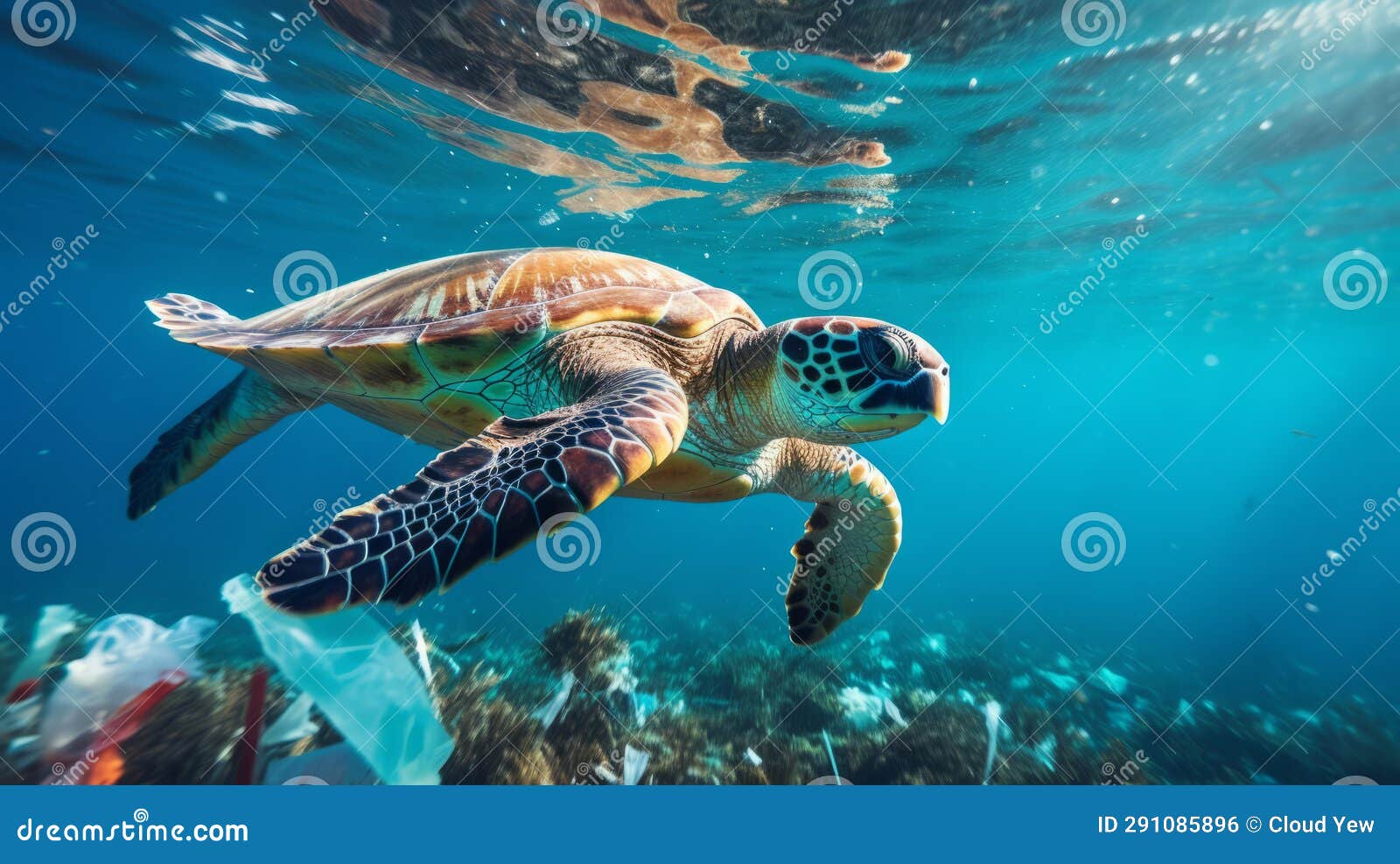 Sea Turtle Ingesting Plastic Particles in the Ocean Stock Illustration ...
