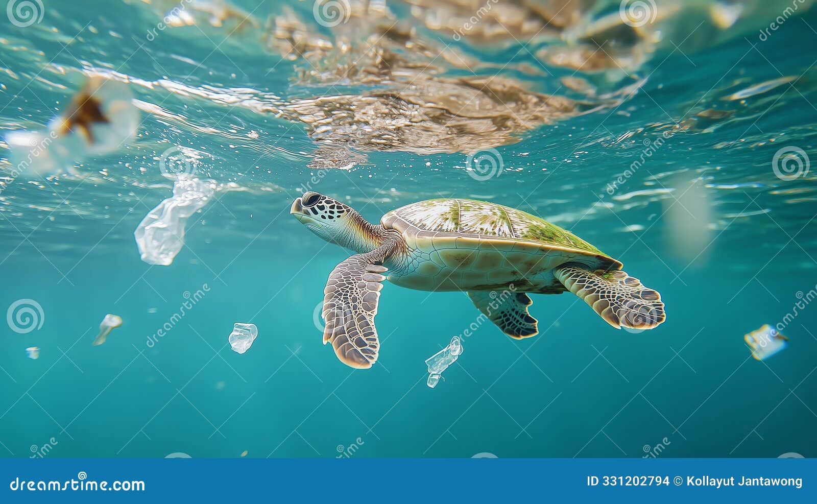 Sea Turtle Navigating through Plastic Pollution in Clear Blue Ocean ...
