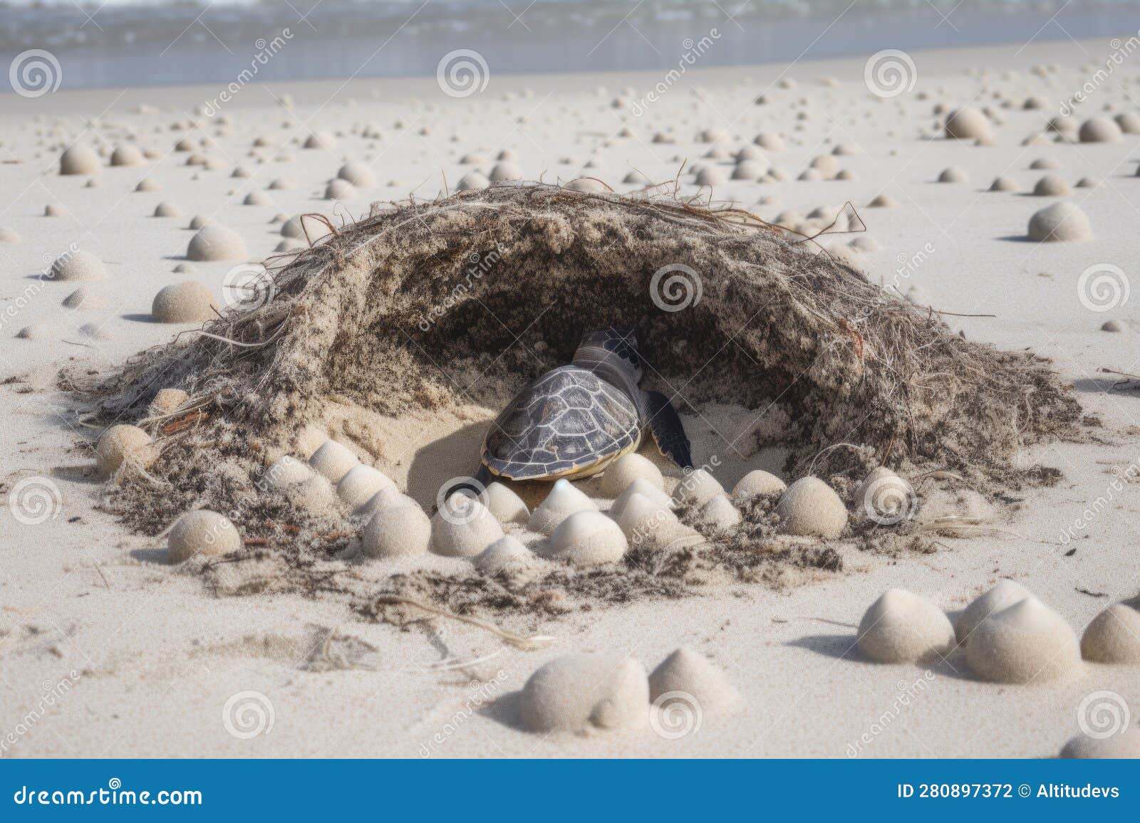 Sea Turtle Nest in the Sand with Eggs Hatching Stock Illustration ...