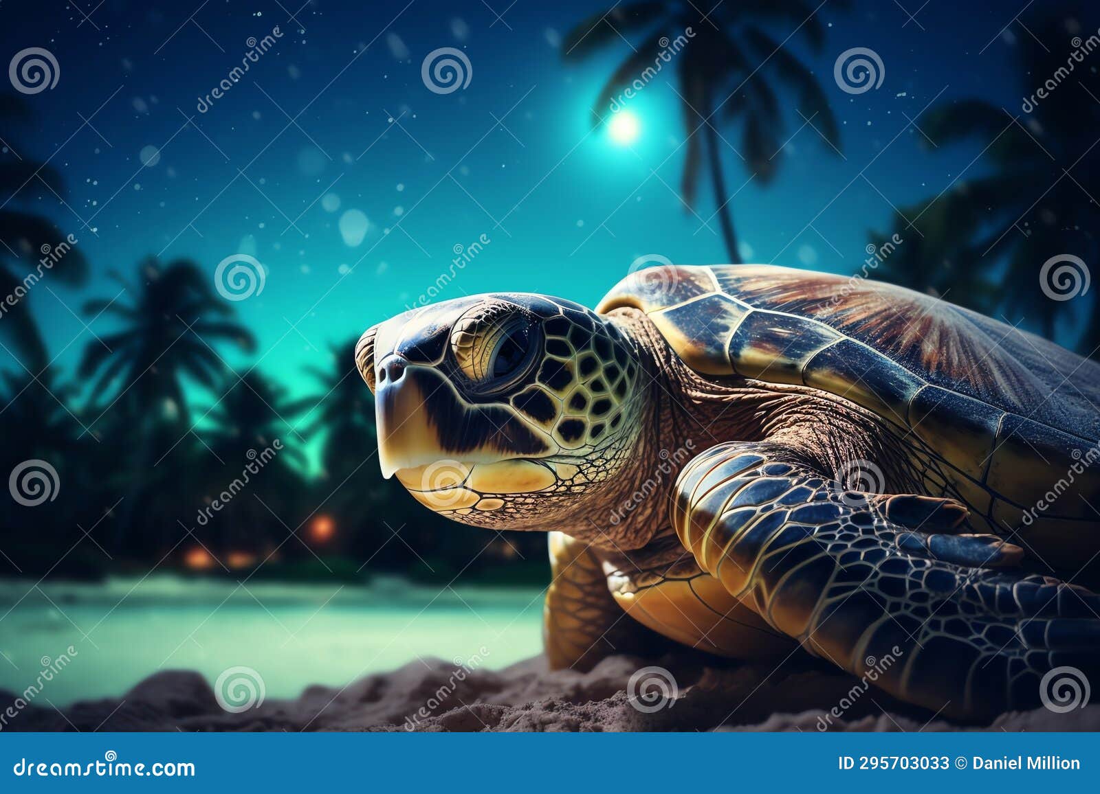 A Sea Turtle Nesting On A Moonlit Beach Realistic Tropical Background ...