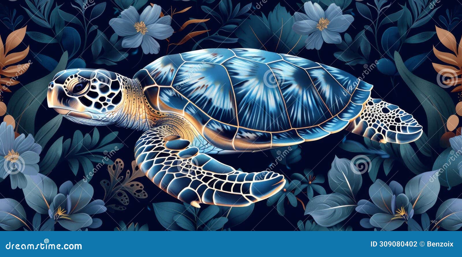 Sea Turtle with Ocean Waves in the Style of Boho - Seamless Pattern ...