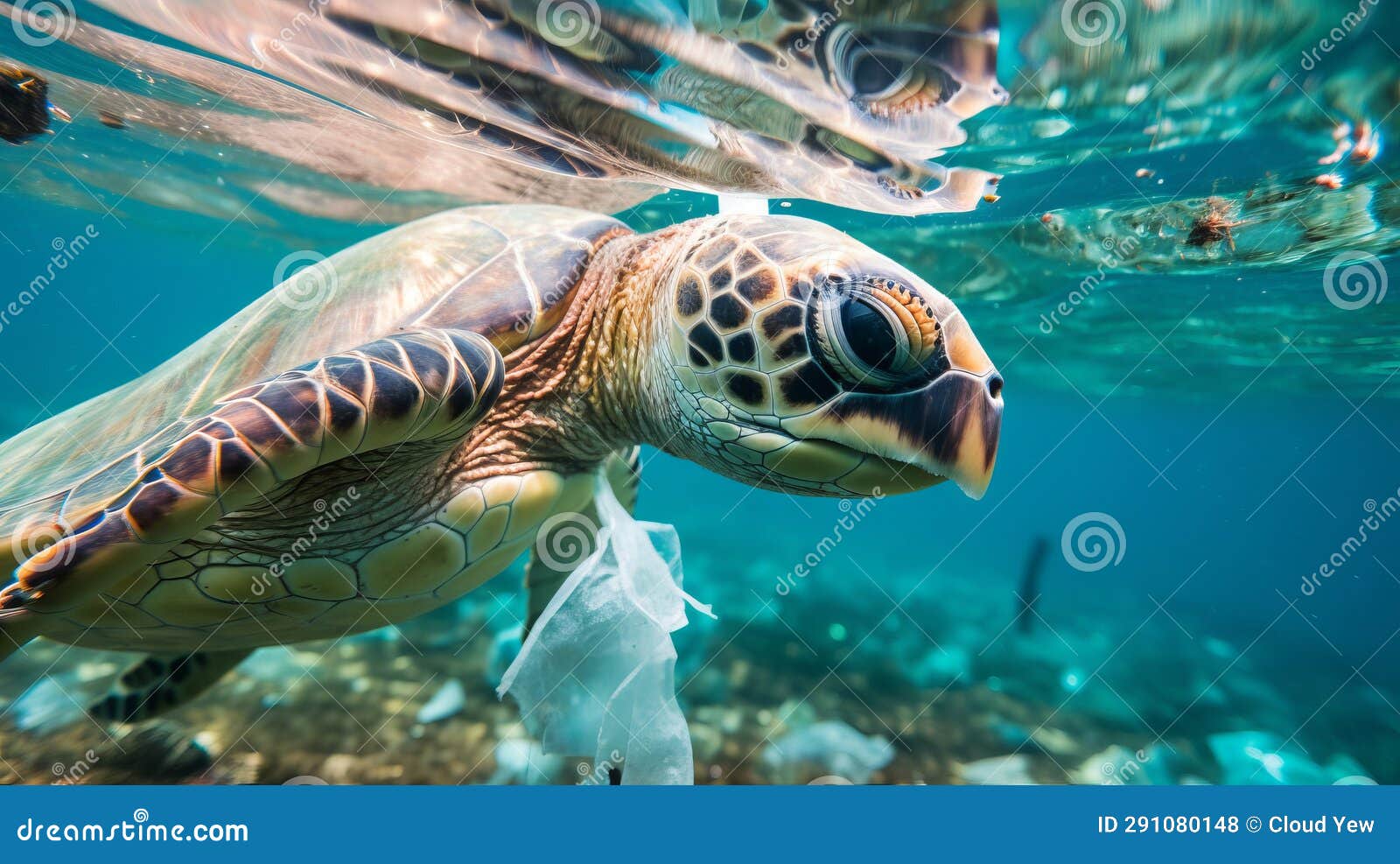 Sea Turtle with Plastic Waste Stuck on Its Shell Stock Illustration ...