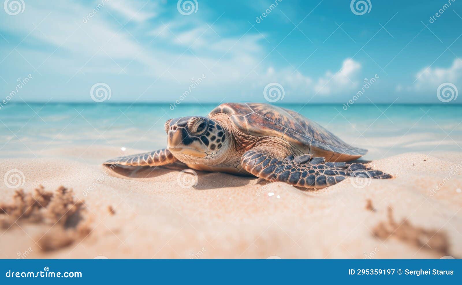 A Sea Turtle on a Sandy Beach with Blue Water, AI Stock Image - Image ...