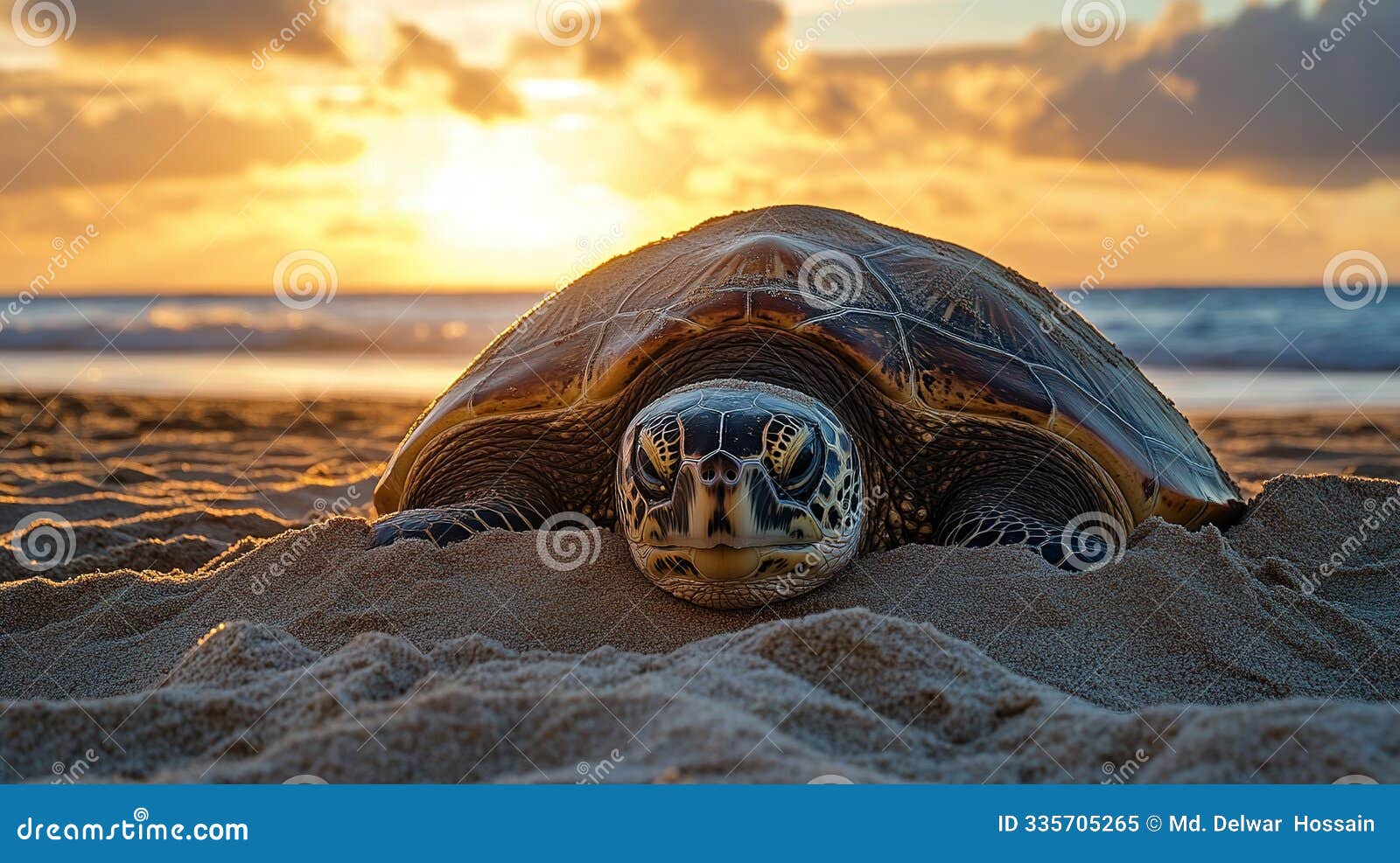 Sea Turtle on Sandy Beach at Sunset, Facing the Camera with Waves in ...