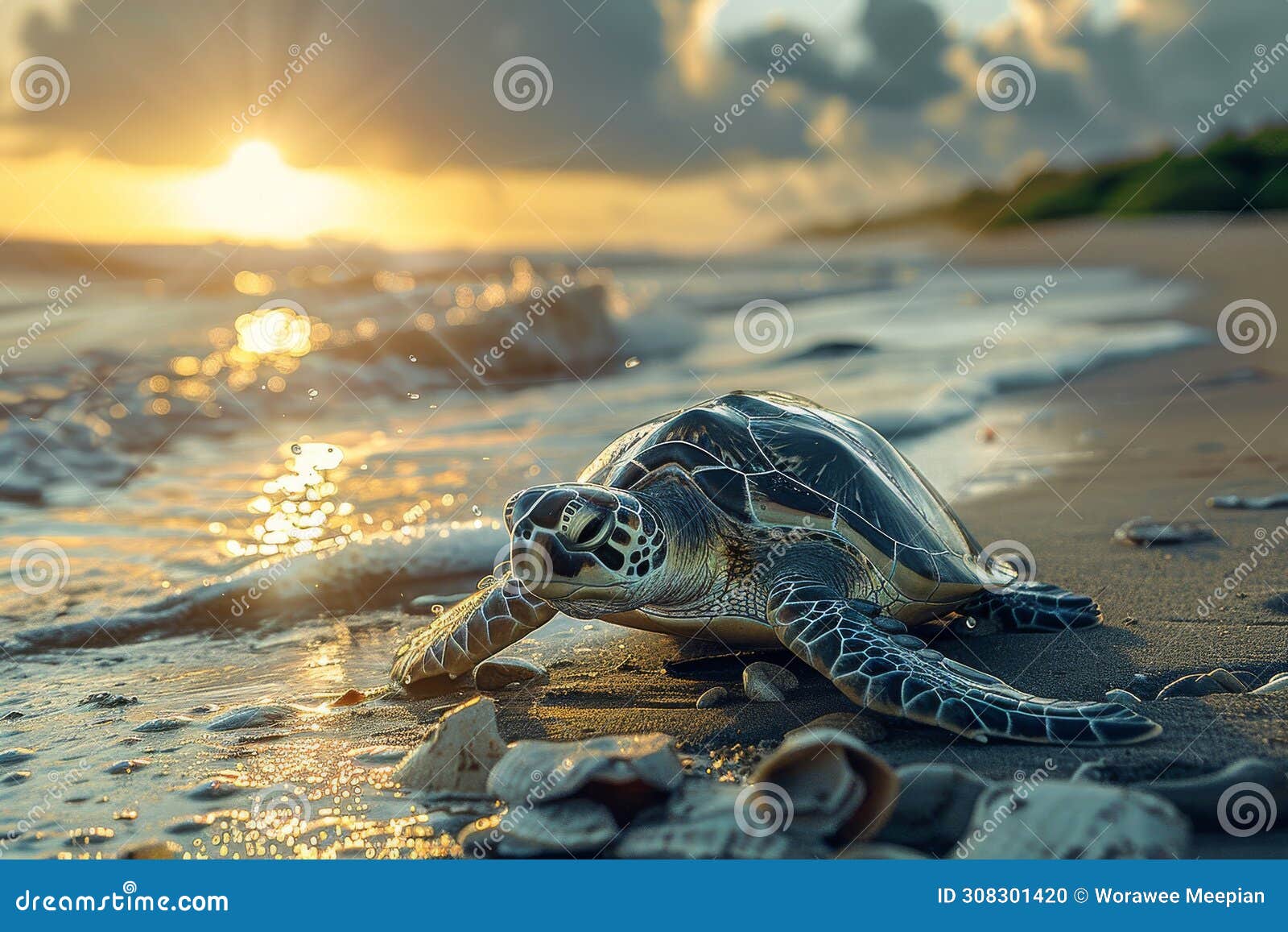Sea Turtle on Shore at Golden Sunset. Generative AI Stock Photo - Image ...