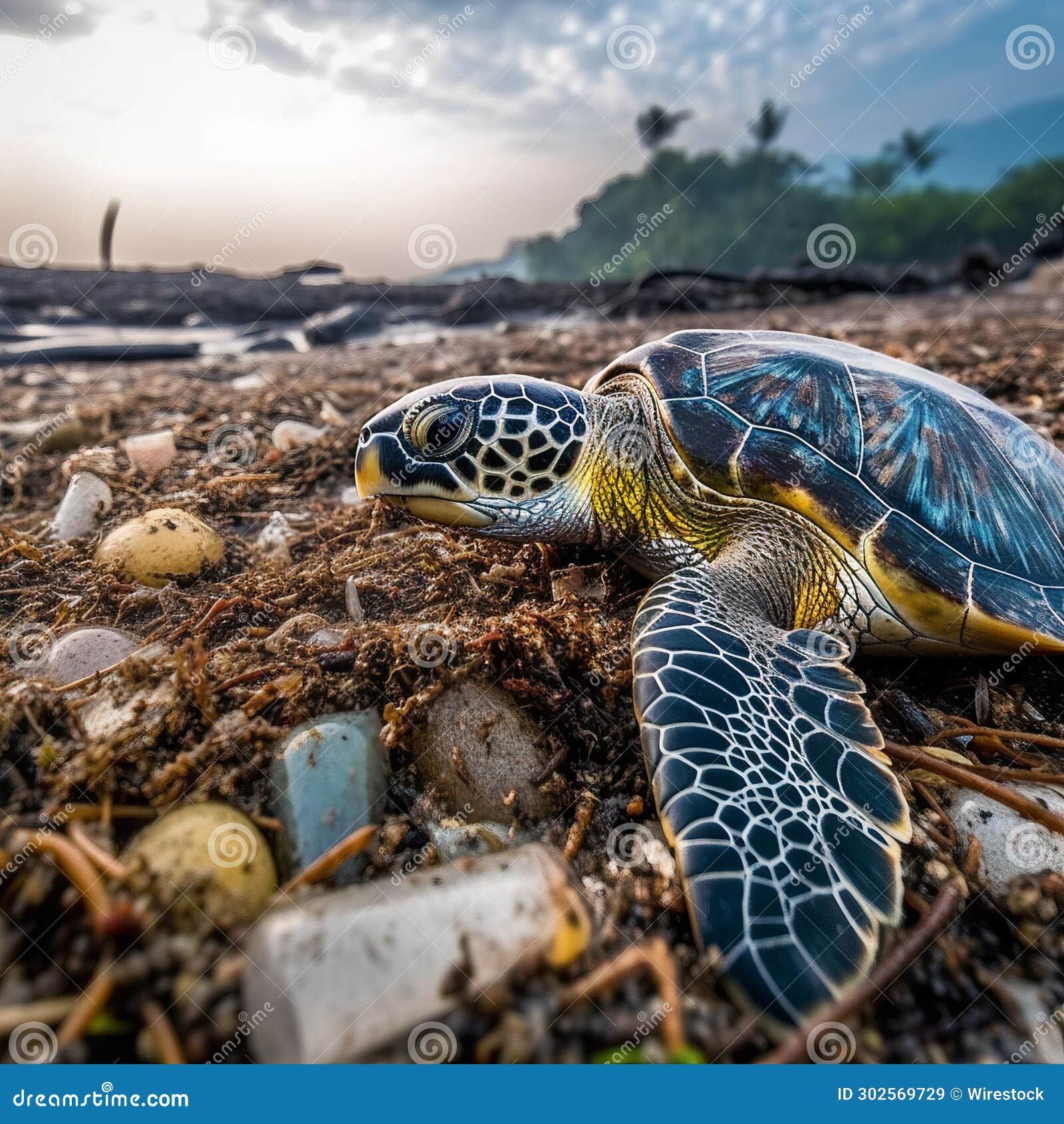 Sea Turtle on the Shore Surrounded by Garbage. Environmental Pollution ...
