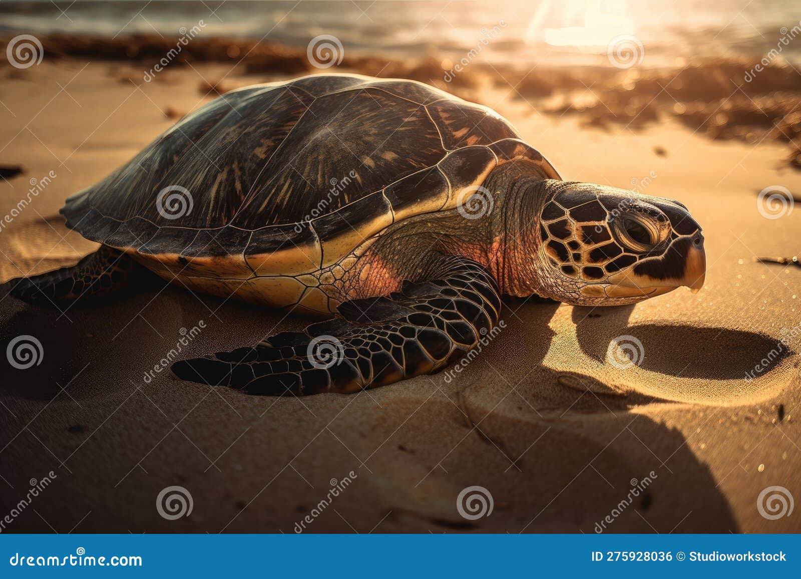 Sea Turtle Sunning on Warm Beach, Its Shell Shining in the Sunlight ...