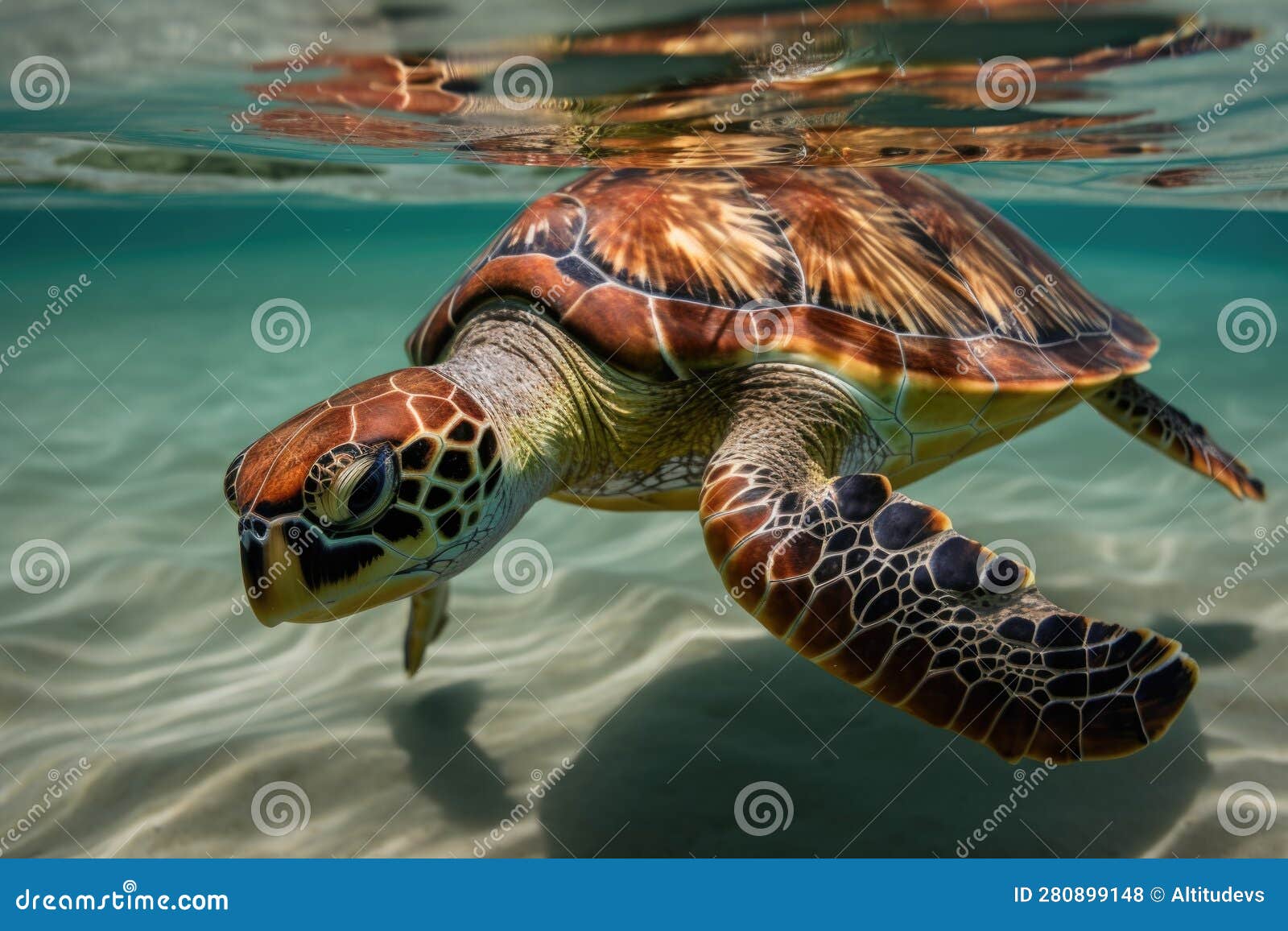 Sea Turtle Swimming Along the Surface of the Water, with Its Reflection ...