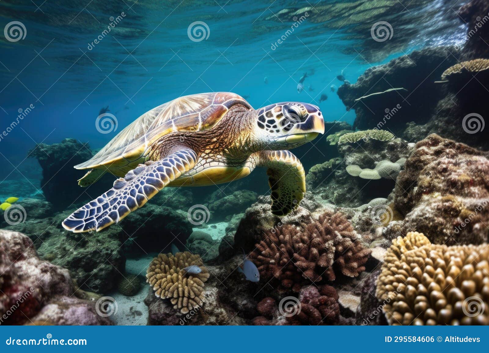 Sea Turtle Swimming among Coral Reefs Stock Photo - Image of turtle ...