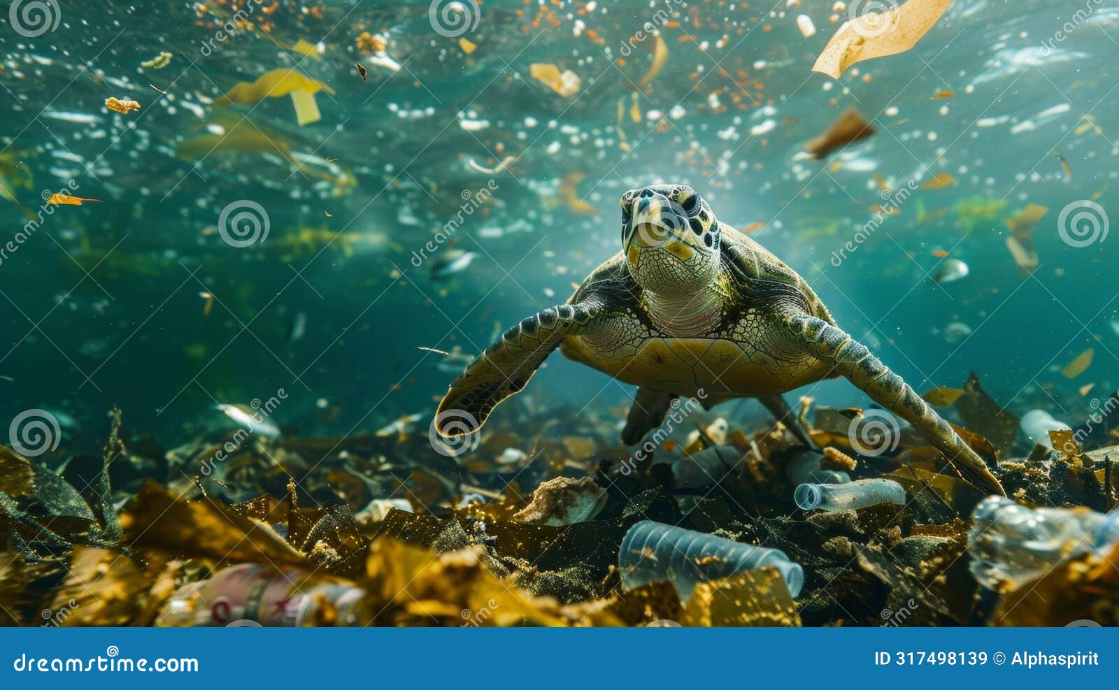 Sea Turtle Swimming through a Littered Sea of Plastic Waste Stock Image ...