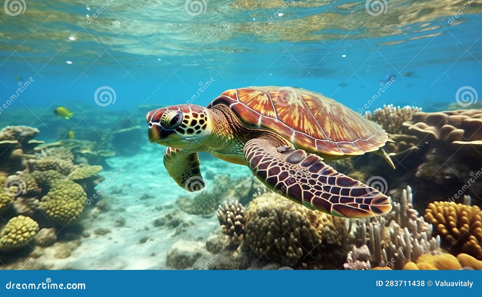 Sea Turtle Swimming In The Ocean Among Colorful Coral Reef Underwater