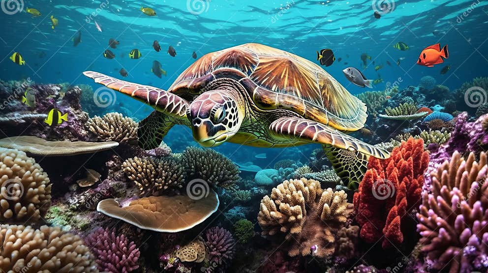 Sea Turtle Swimming In The Ocean Among Colorful Coral Reef Underwater