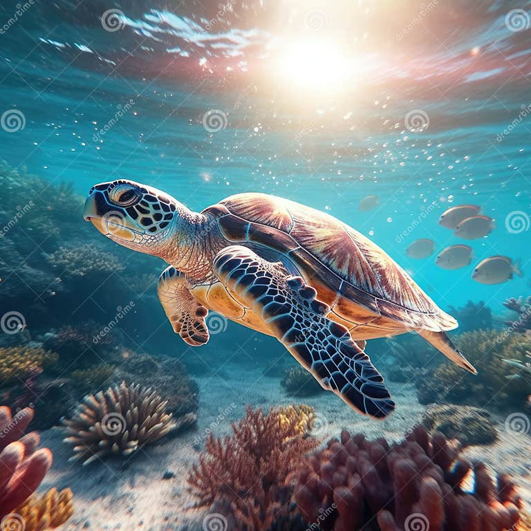 Sea Turtle Swimming In The Ocean With Coral Reef Underwater Background