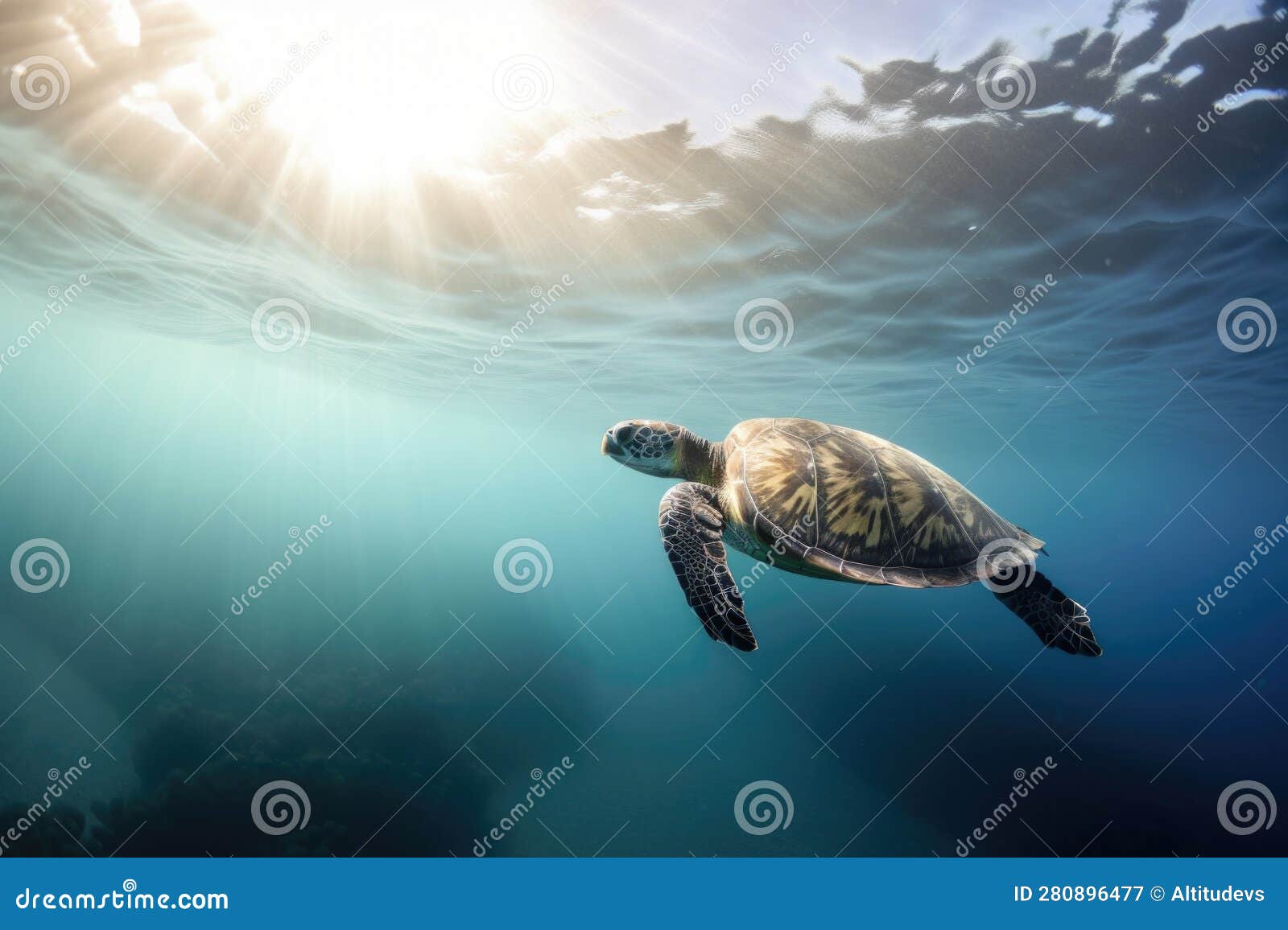 Sea Turtle Swimming in the Open Ocean, with Sun Shining on Its Shell ...