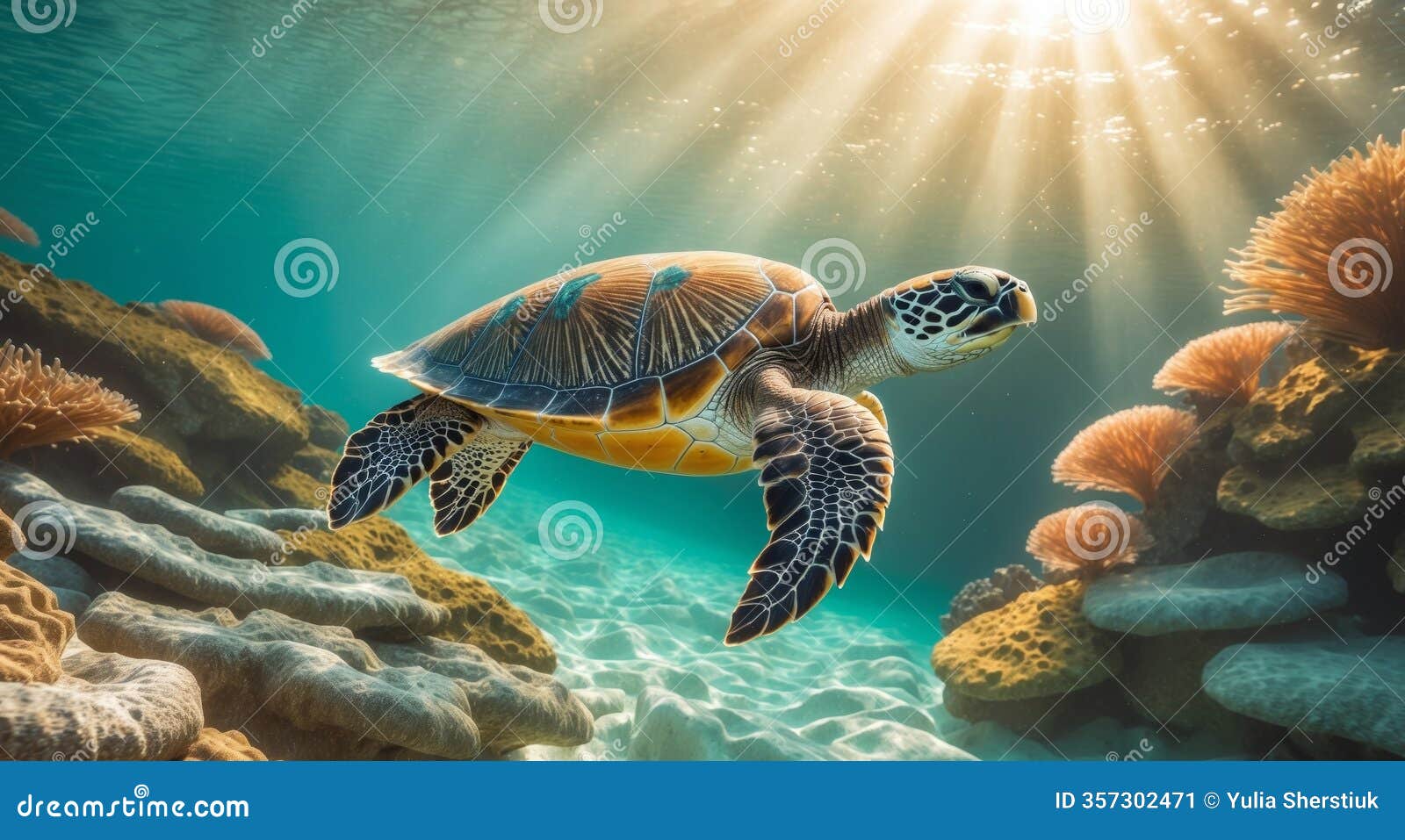 Sea Turtle Swimming Over Coral Reef with Sun Rays Shining. Stock Image ...