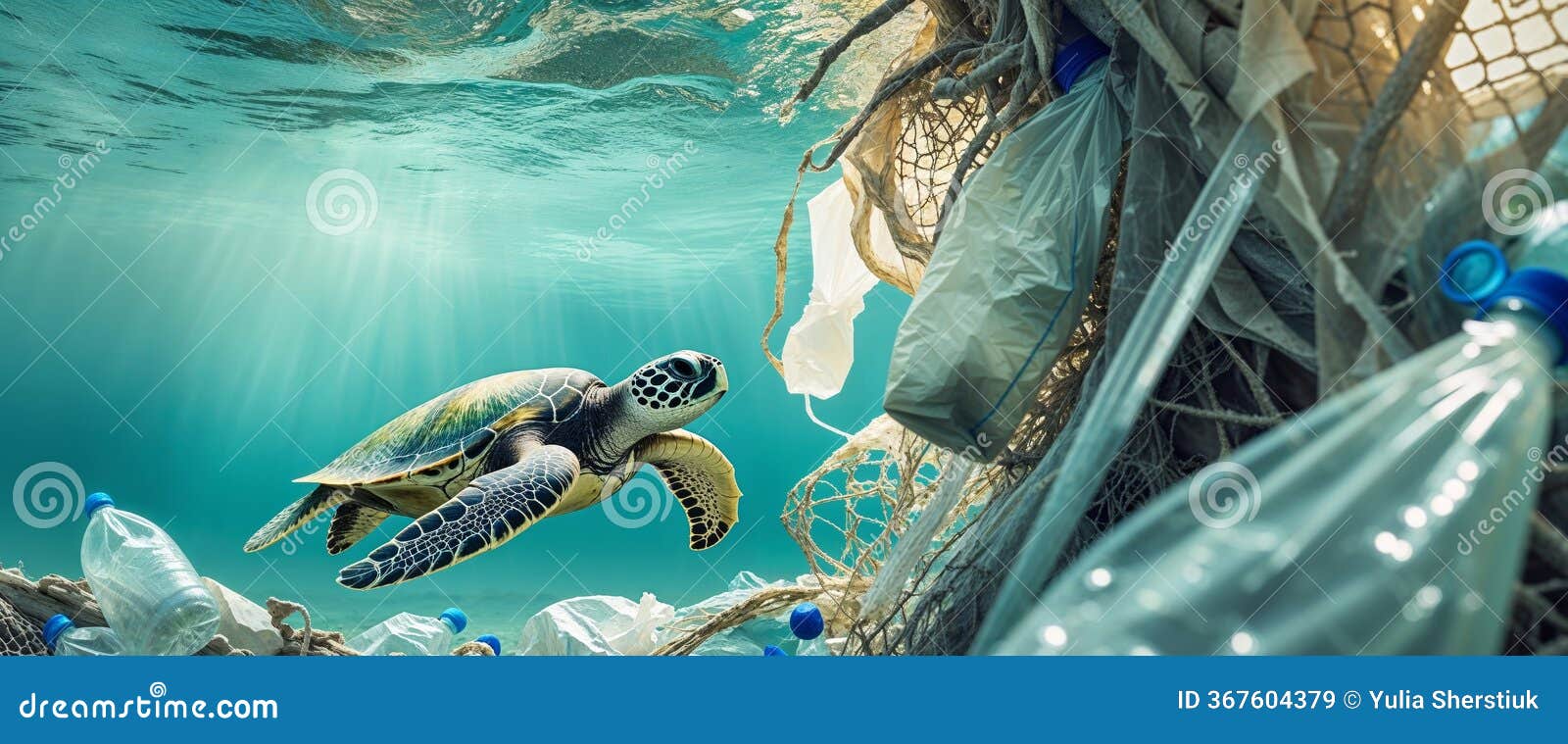 A Polluted Ocean Scene With A Turtle Tangled In Plastic Waste ...