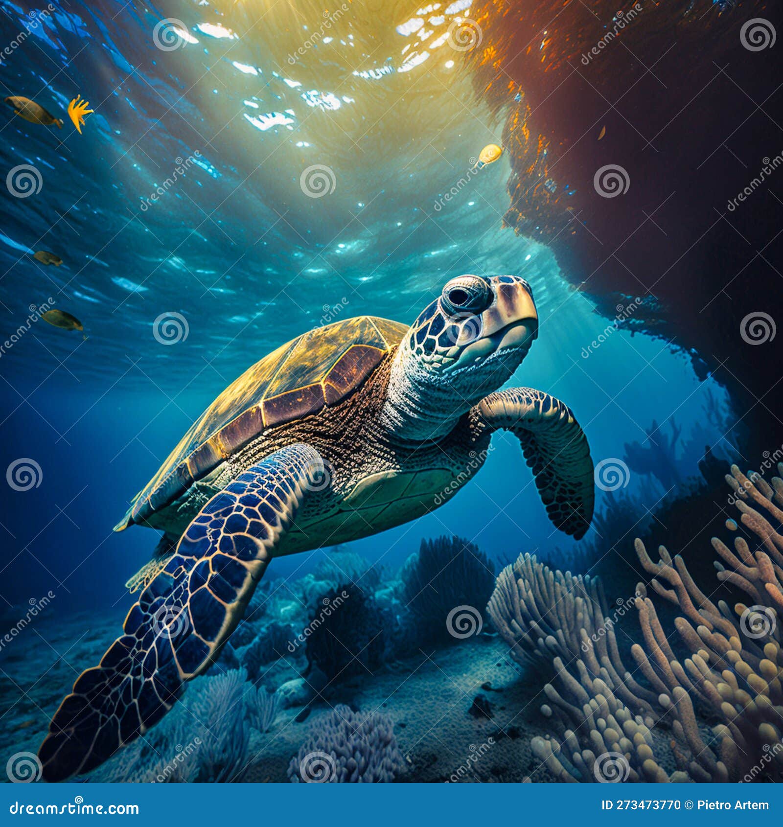 Sea Turtle Swimming in the Under Sea Beautiful, Generative AI Stock ...