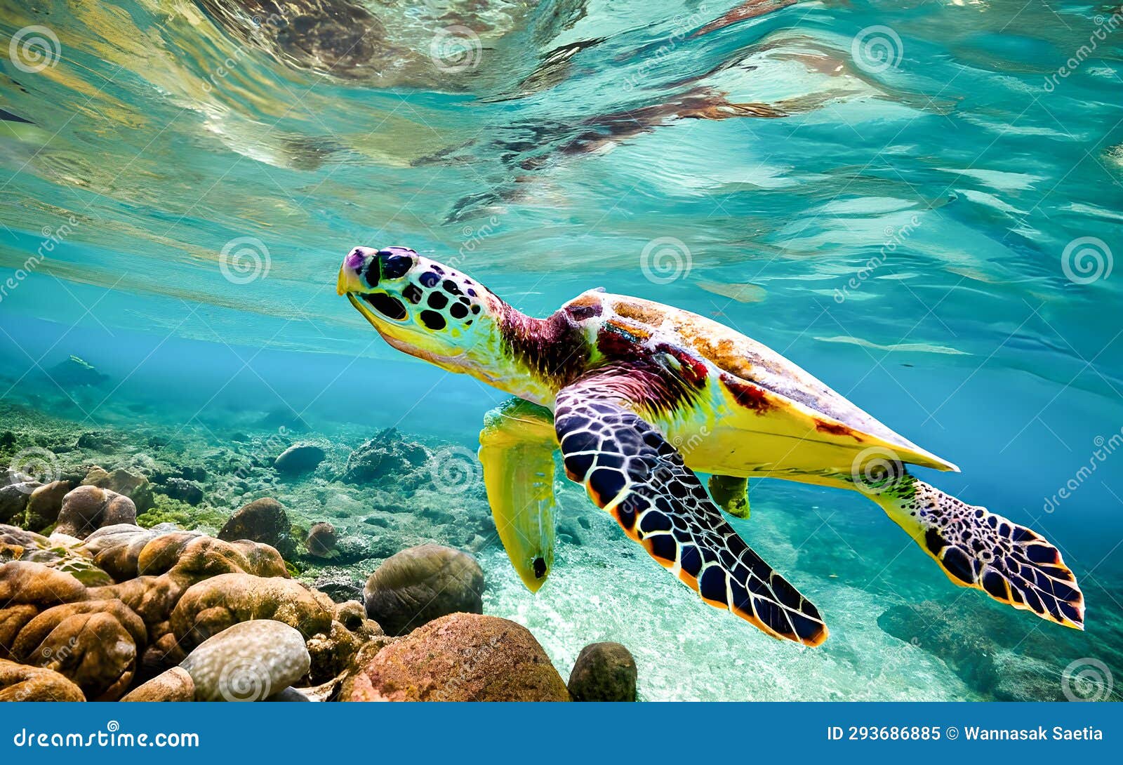 Sea Turtle Swimming Under the Sea. Stock Image - Image of life, coral ...
