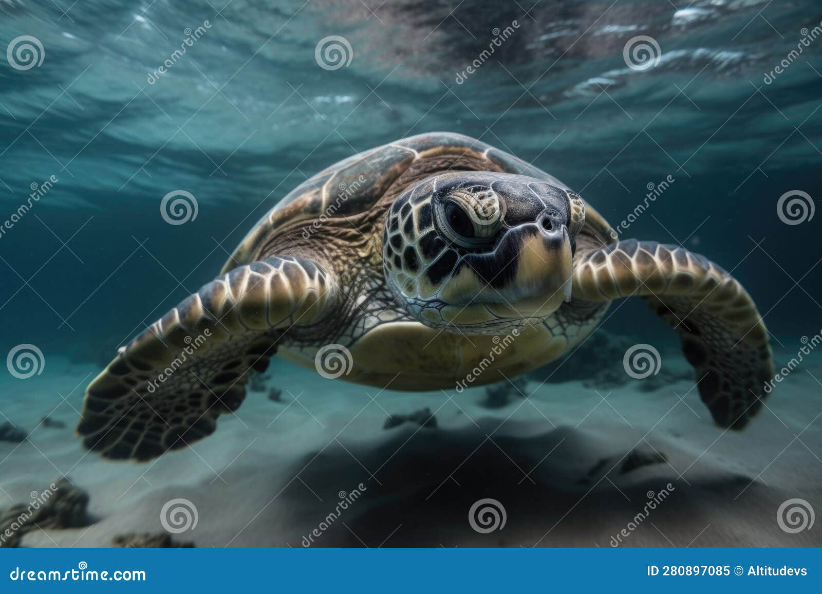 Sea Turtle Swimming Underwater, Its Flippers and Head Visible Stock ...