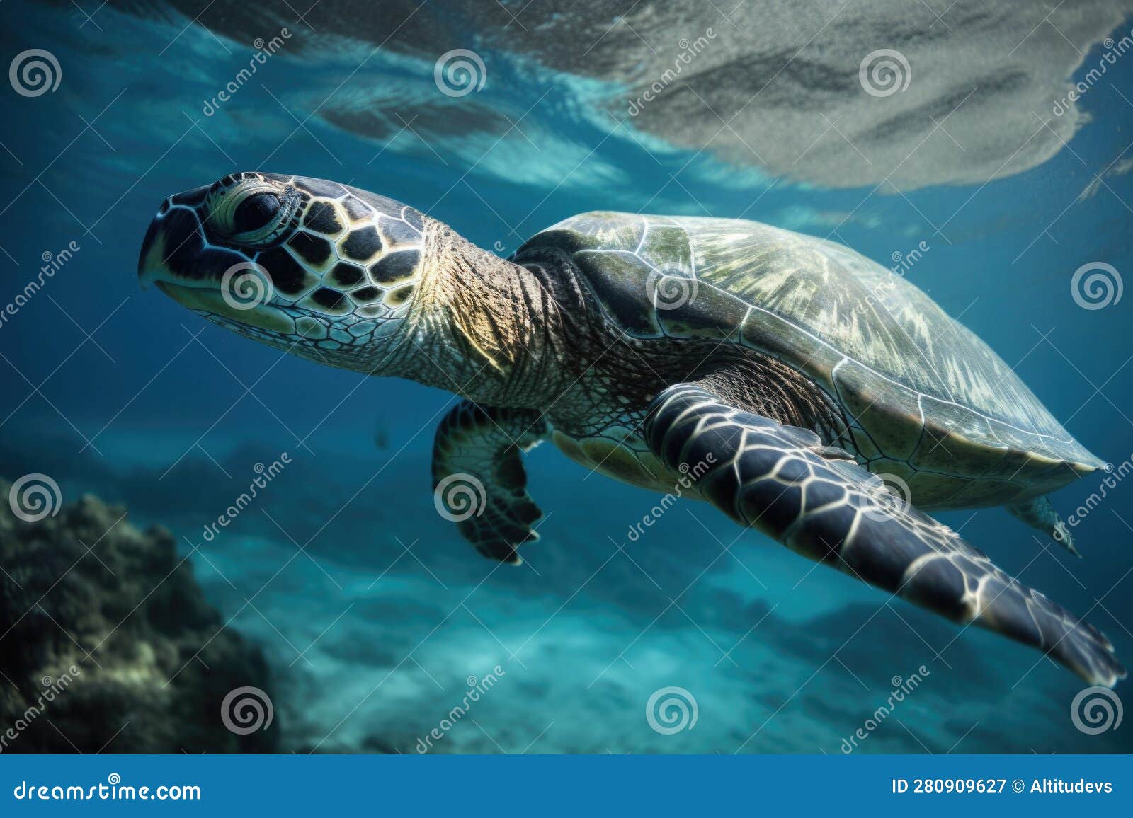 Sea Turtle Swimming Underwater, Its Flippers and Head Visible Stock ...