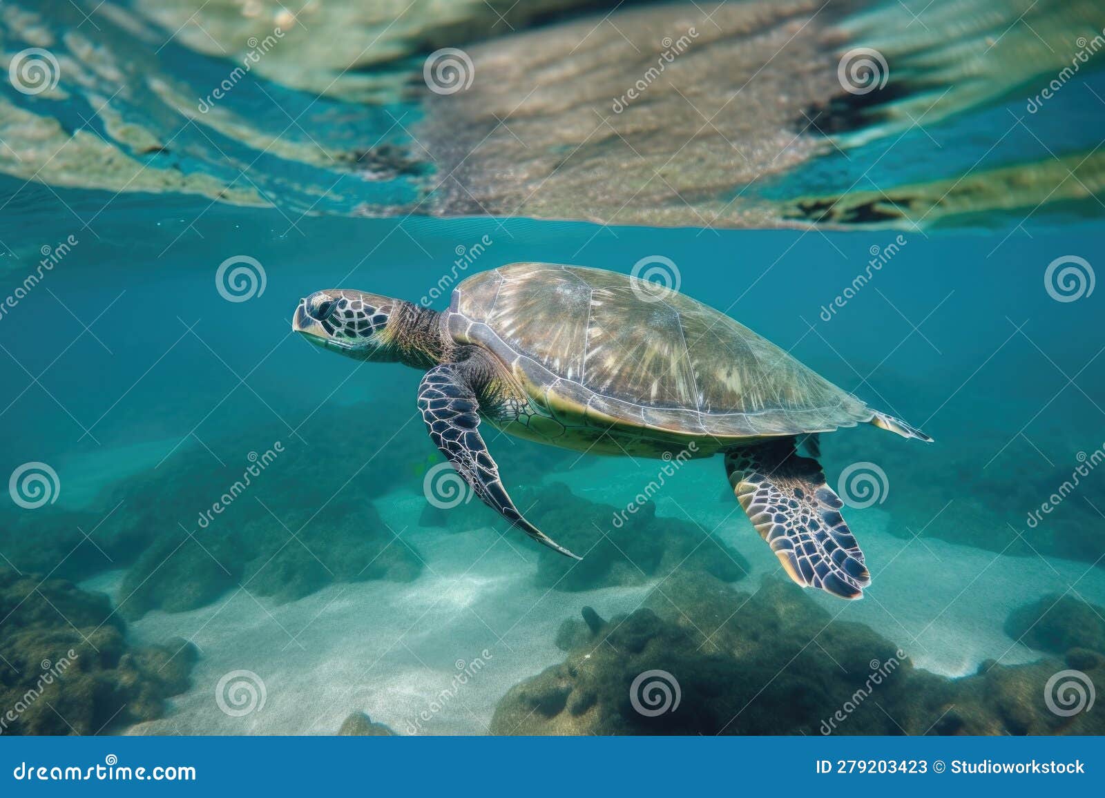 Sea Turtle Swimming Underwater, Its Flippers and Shell Visible Stock ...