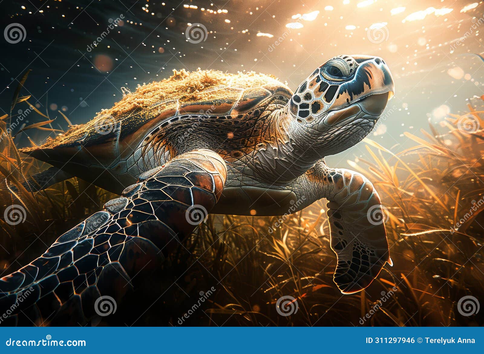 Sea Turtle Swims through the Ocean in the Rays of the Sun Stock Photo ...