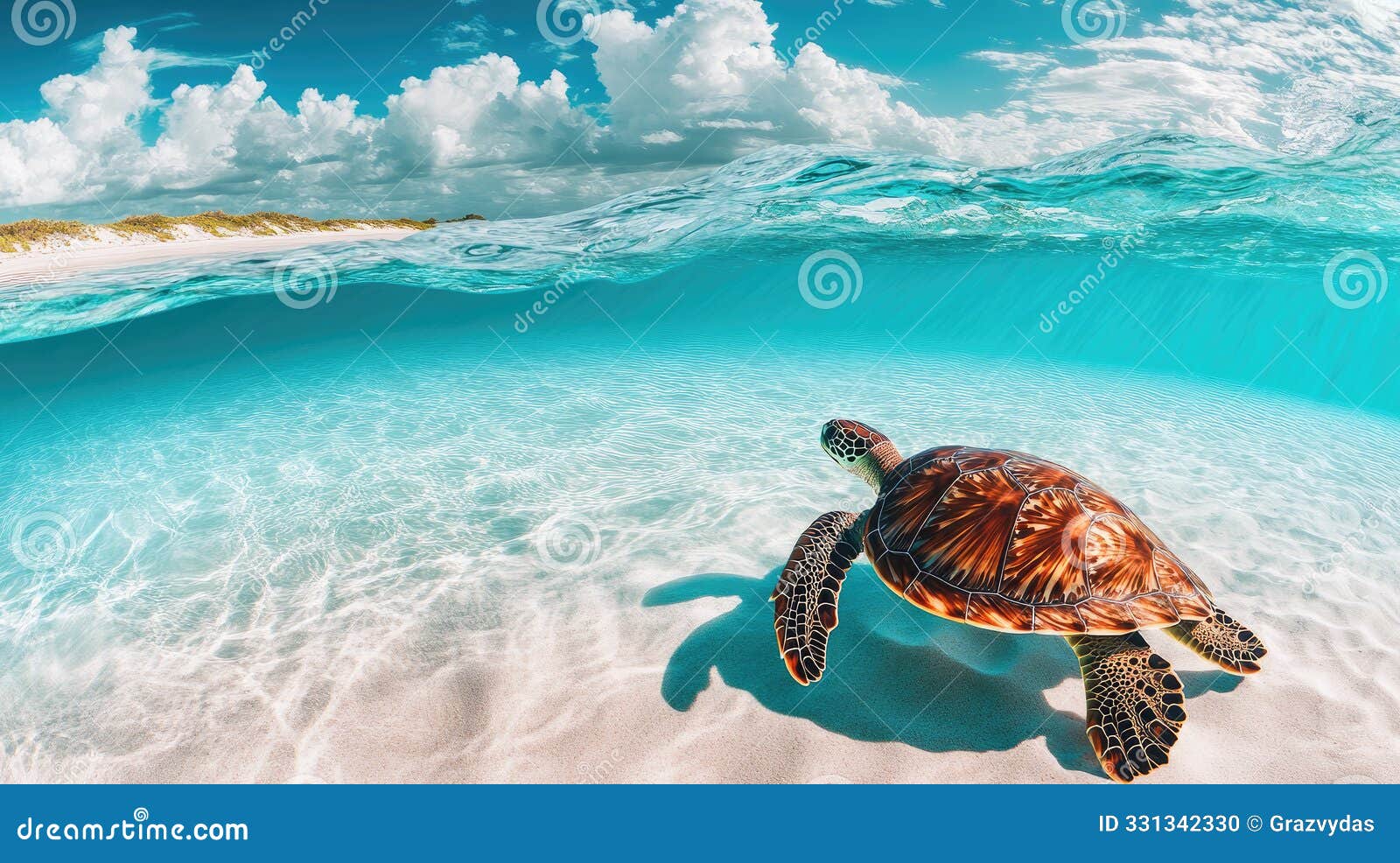 A Sea Turtle and Tropical Beach Above and Below Water Stock ...