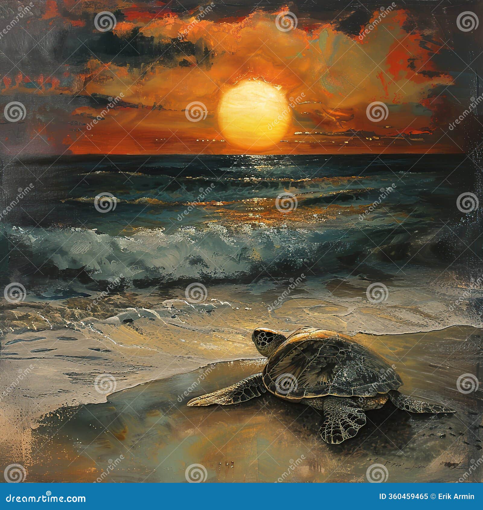 Sea Turtle Watching Sunset Ocean Waves Beach Stock Image - Image of ...