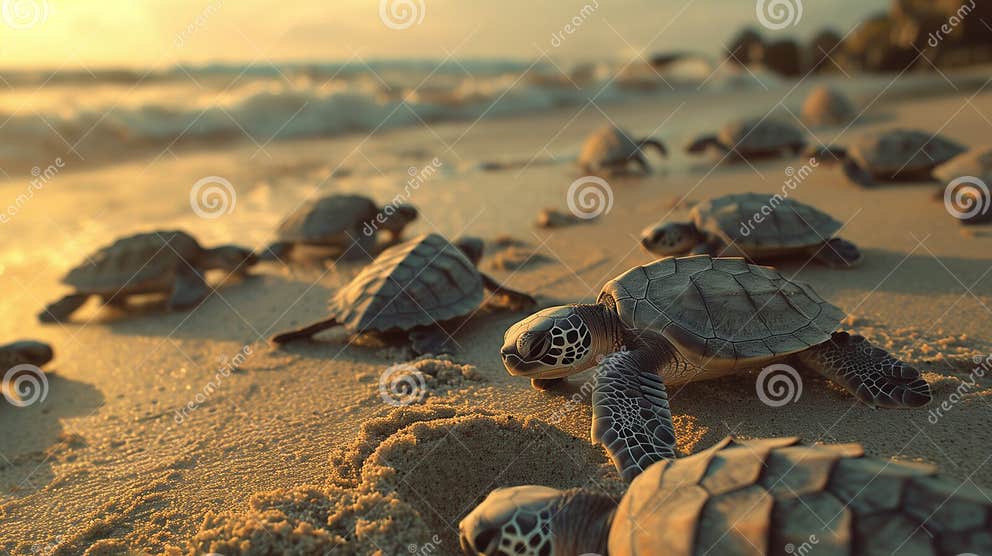 Sea Turtles Hatching on a Sandy Beach Stock Illustration - Illustration ...