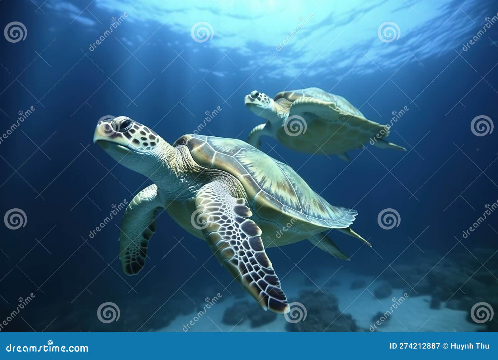 Sea Turtles Swimming Underwater Deep Blue Sea Ai Generated Stock