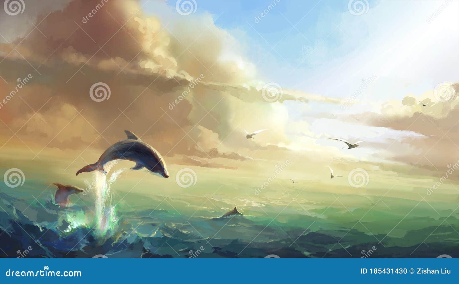 The Sea Under the Sun, Jumping Dolphins. Stock Illustration ...