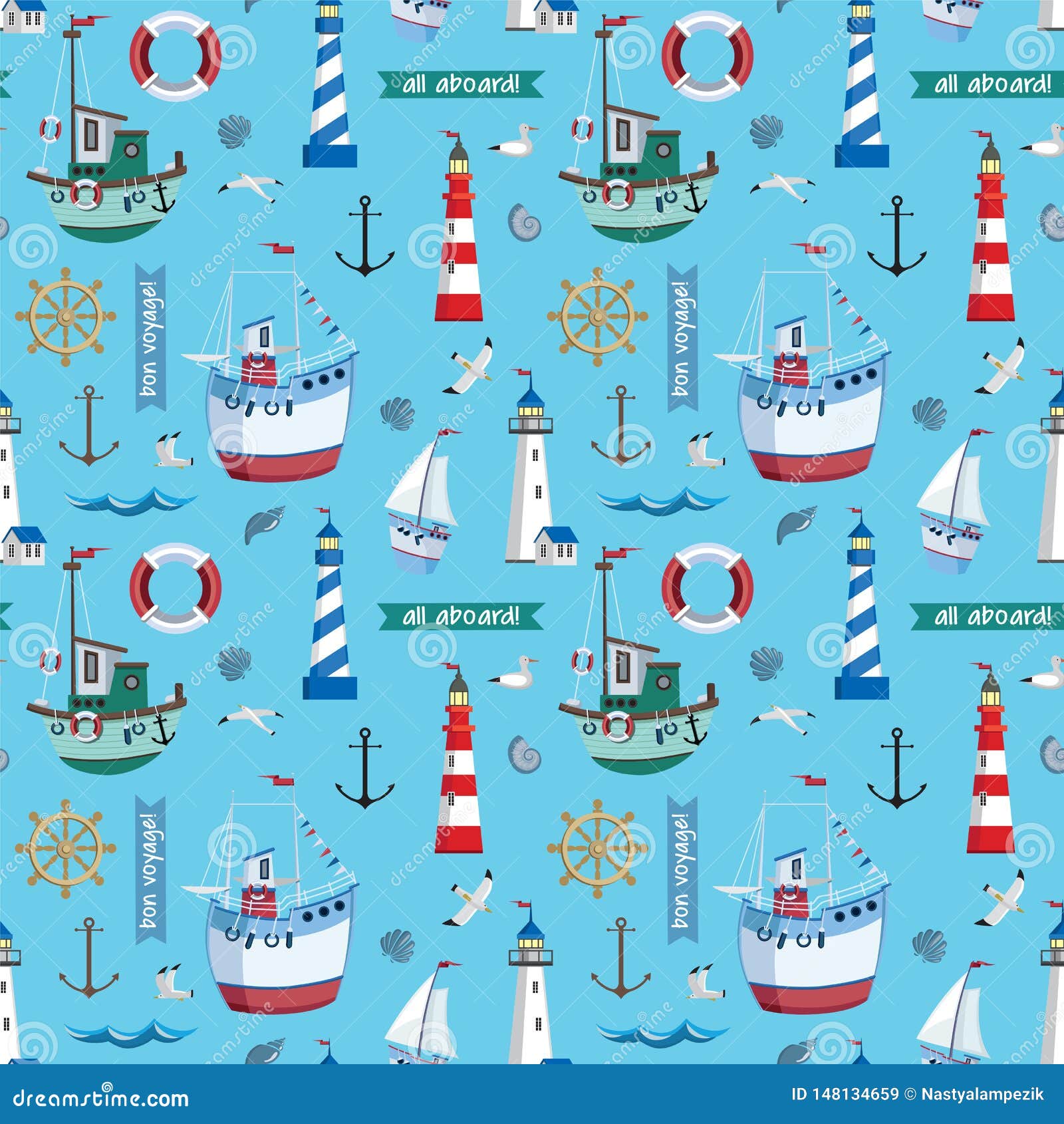 Vector Seamless Marine Pattern with Lighthouses, Ships, Gulls, Anchor ...