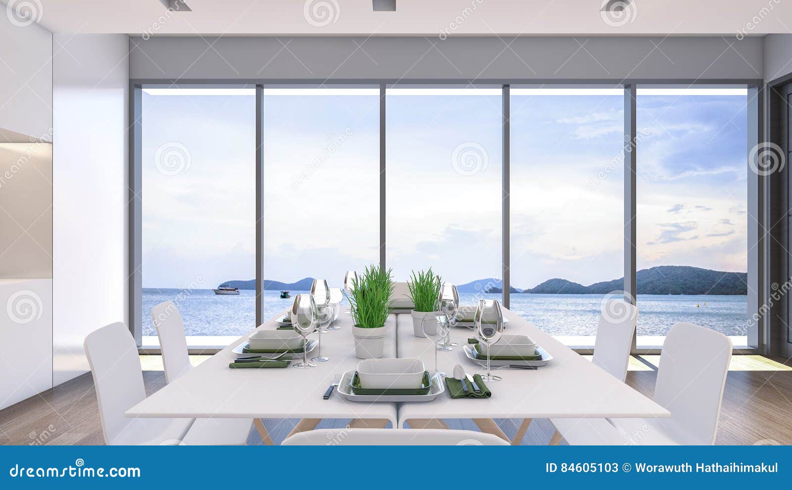Sea View Dining Room / 3D Rendering Stock Illustration - Illustration ...