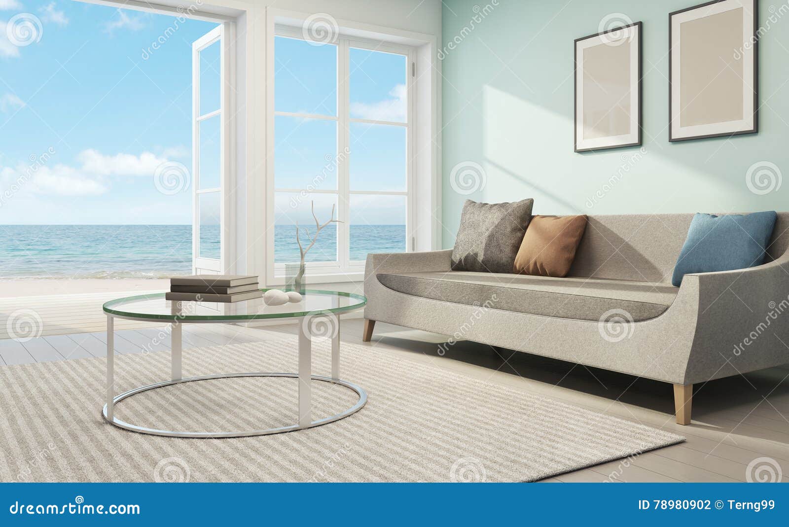 Sea View Living Room in Beach House Stock Photo - Image of living ...