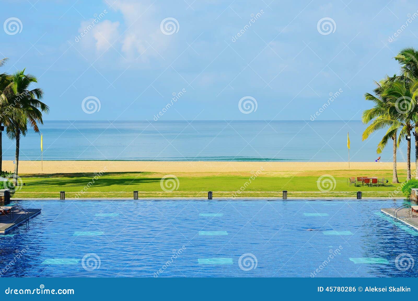 Sea View, a Swimming Pool and the Beach Stock Photo - Image of clouds ...