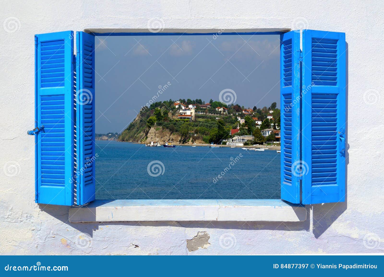 Sea View through Traditional Greek Window Stock Image - Image of europe ...